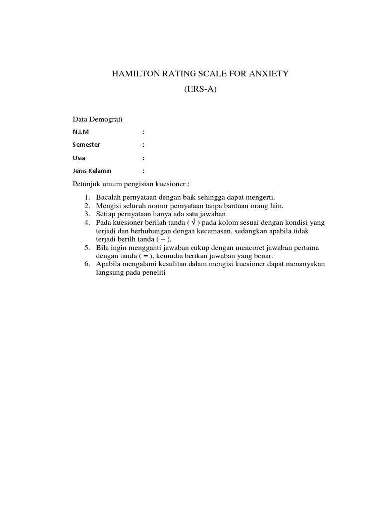 Kuesioner Hamilton Rating Scale For Anxiety | PDF