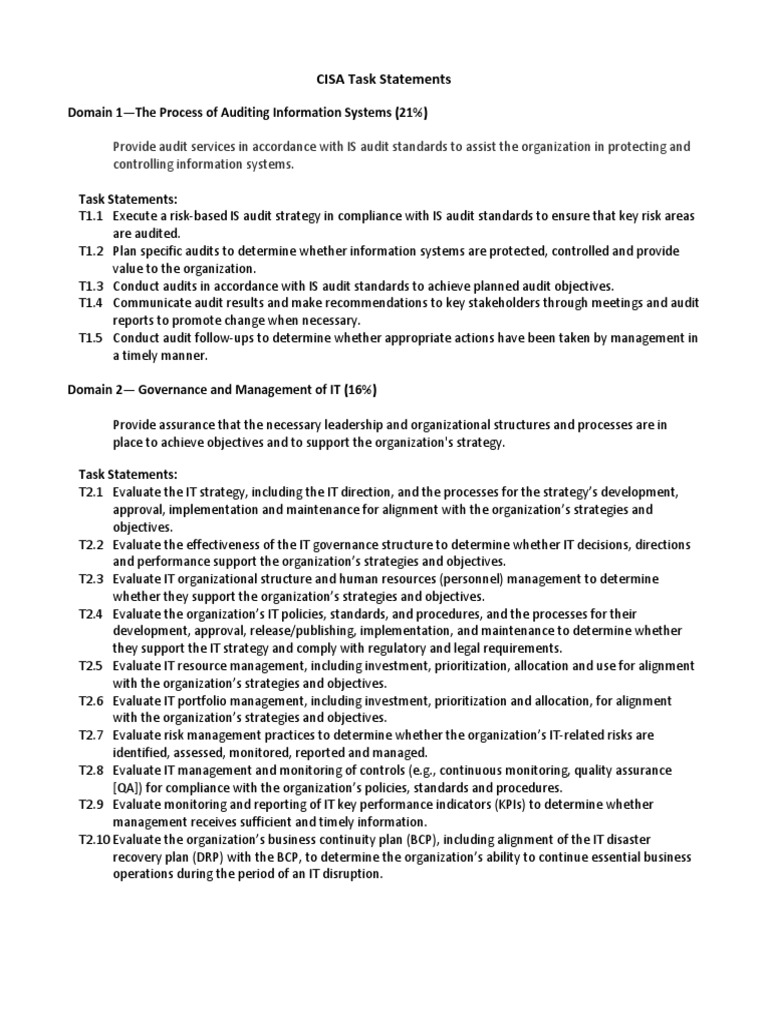 CISA Task Statements | PDF | Information Security | Audit