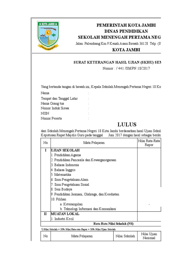 Contoh SKHU Sementara SMP 18 Kota Jambi 2017 | PDF