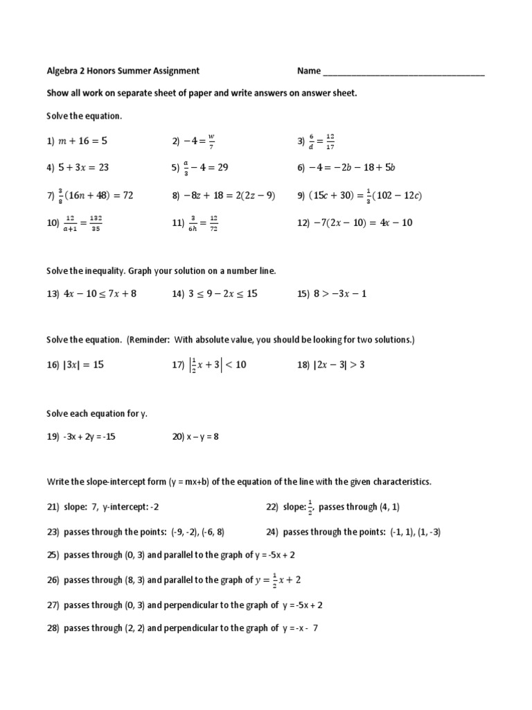 Algebra 2 Honors Assignment | PDF | Logical Truth | Equations