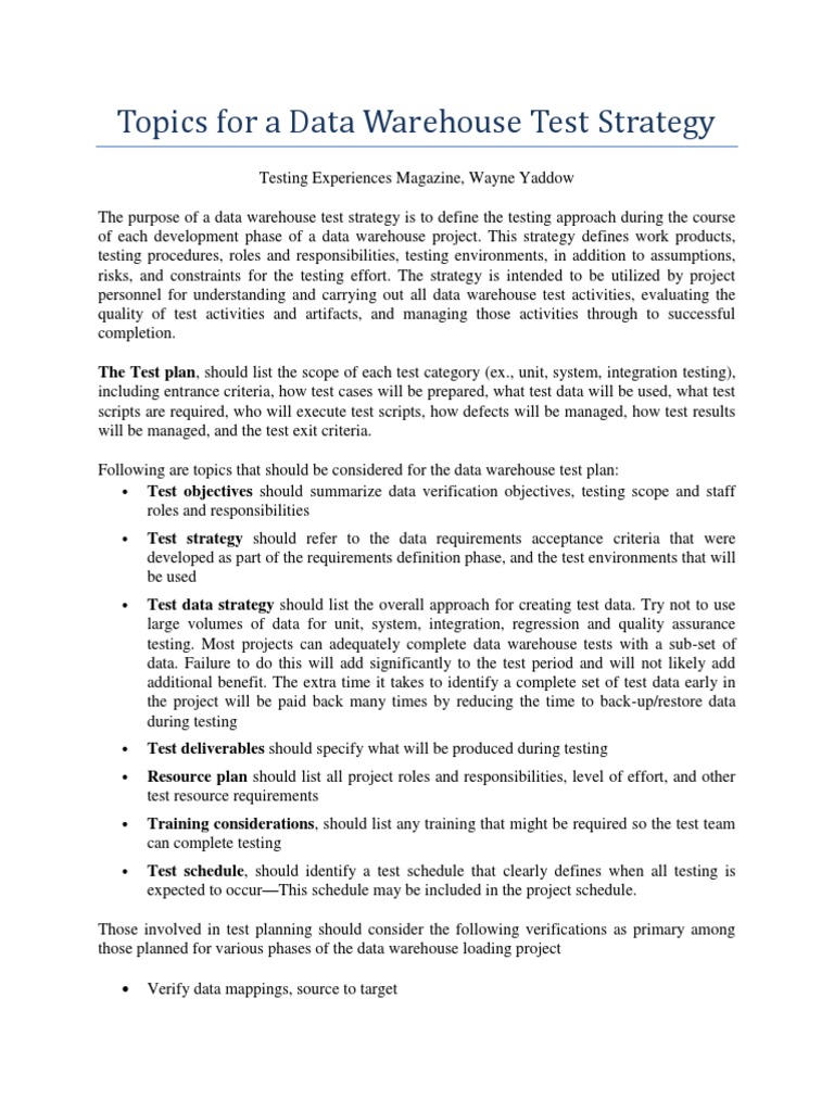 Topics For The Data Warehouse Test Plan | PDF | Software Testing | Data ...