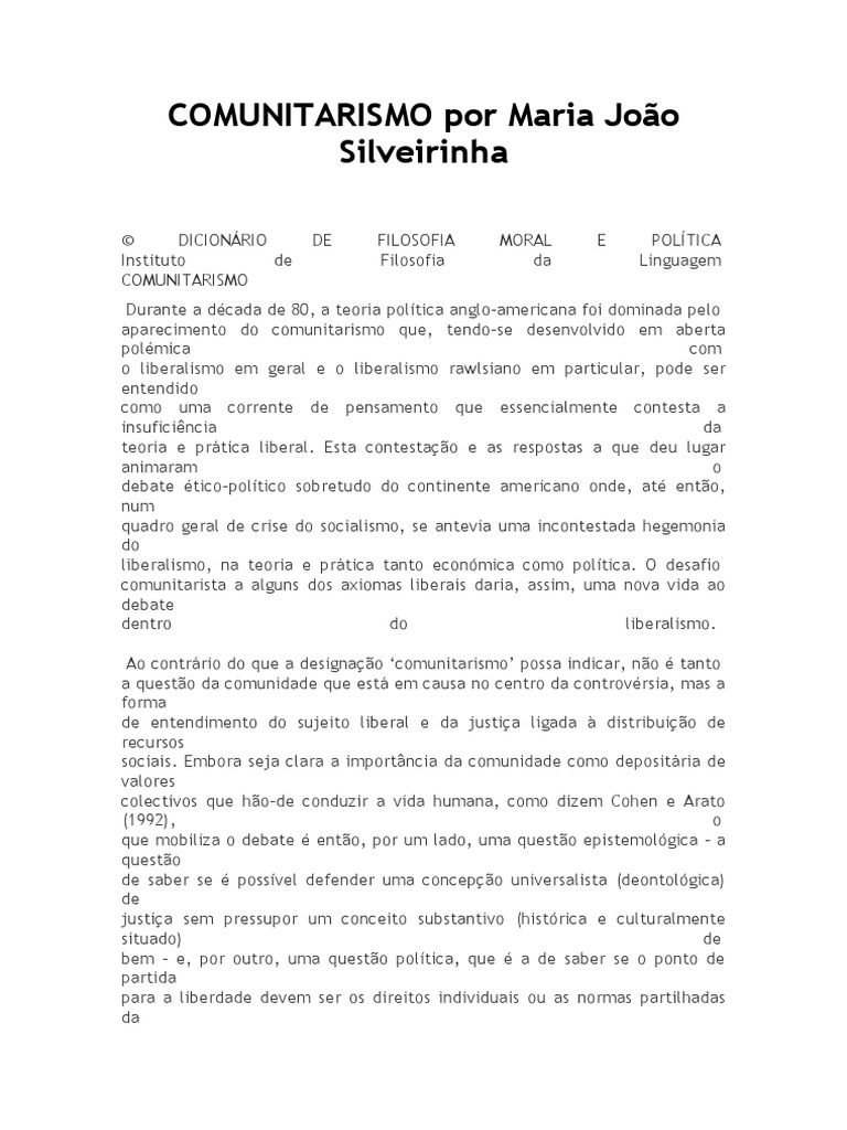 COMUNITARISMO Por Maria João Silveirinha | PDF | Liberalismo | John Rawls
