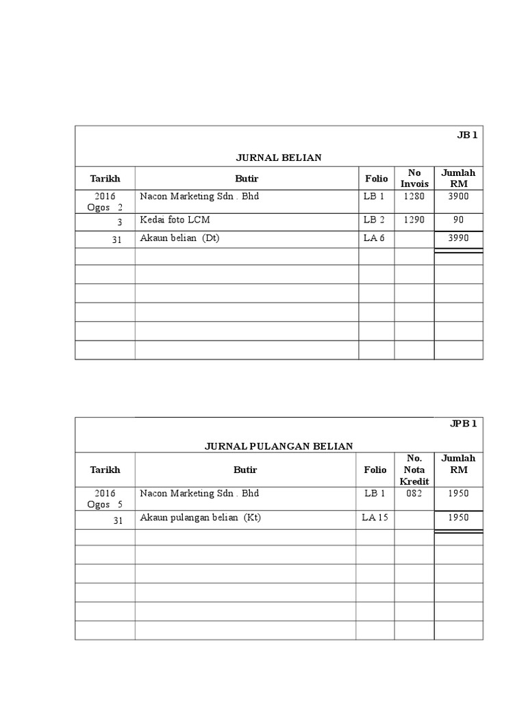 JB1 Jurnal Belian Tarikh Butir Folio No Invois Jumlah RM | PDF