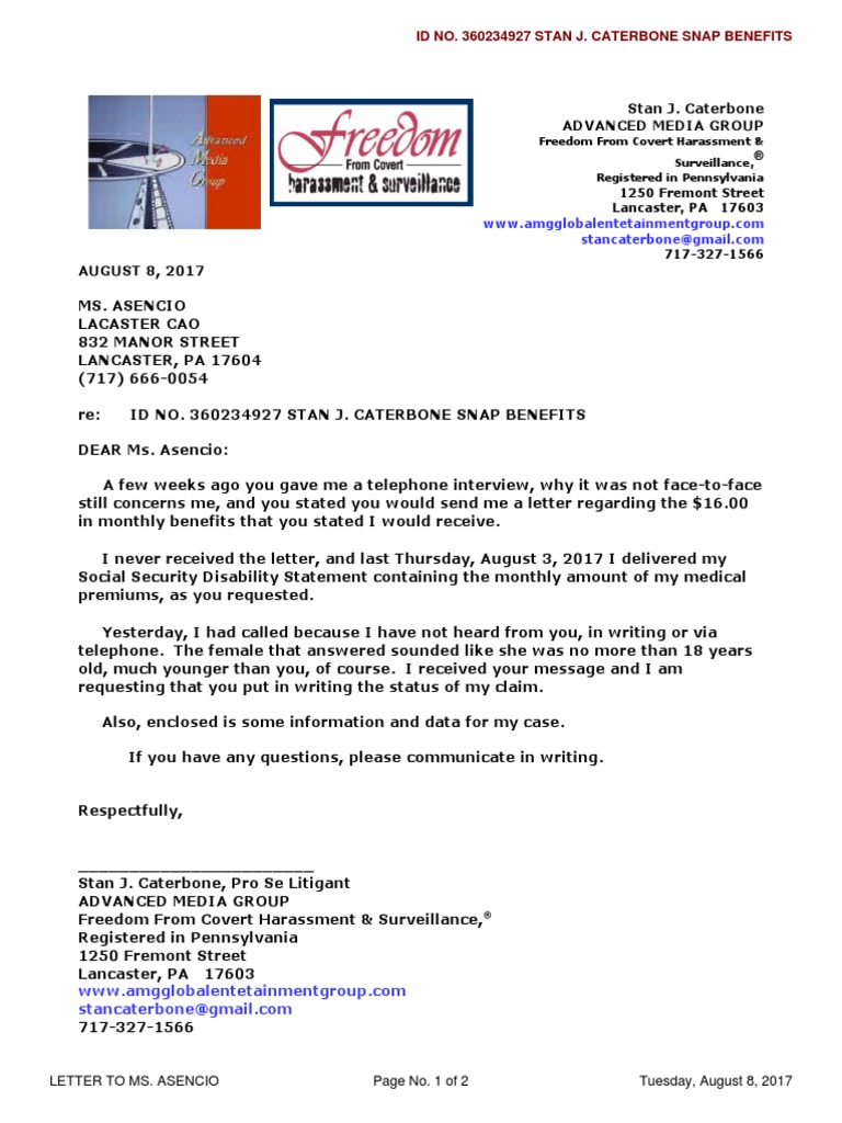 LETTER TO MS. ASENCIO, LANCASTER CAO OF PA Dept of HUMAN SERVICES Re ID ...