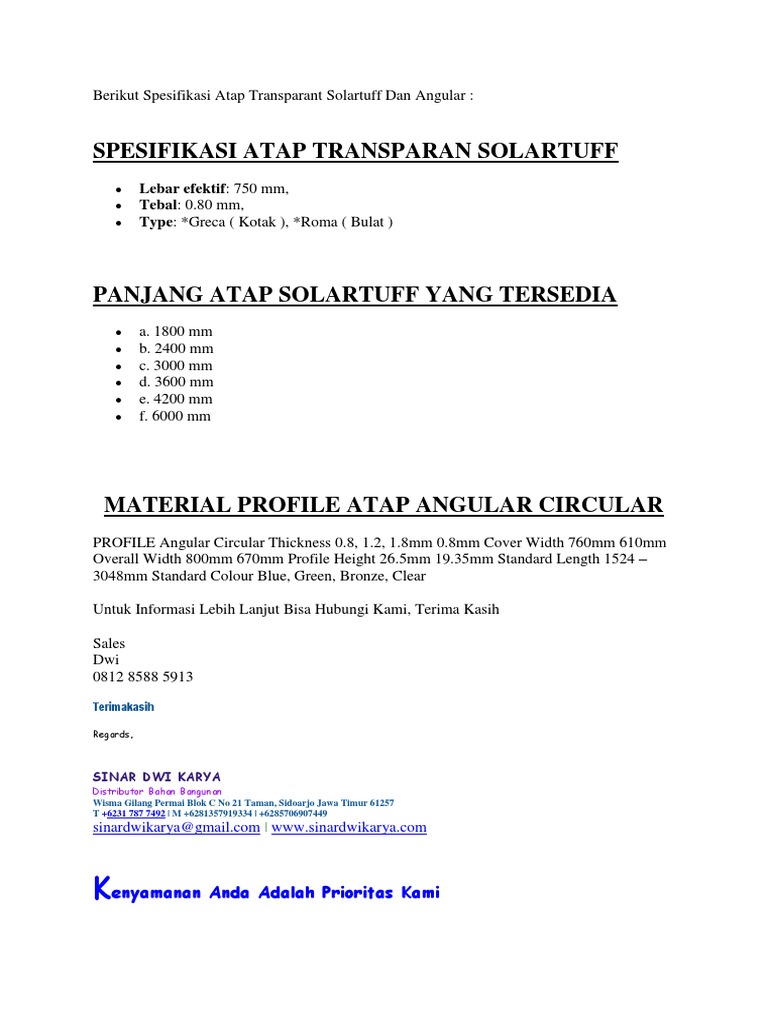 Spesifikasi Atap Solartuff Greca | PDF