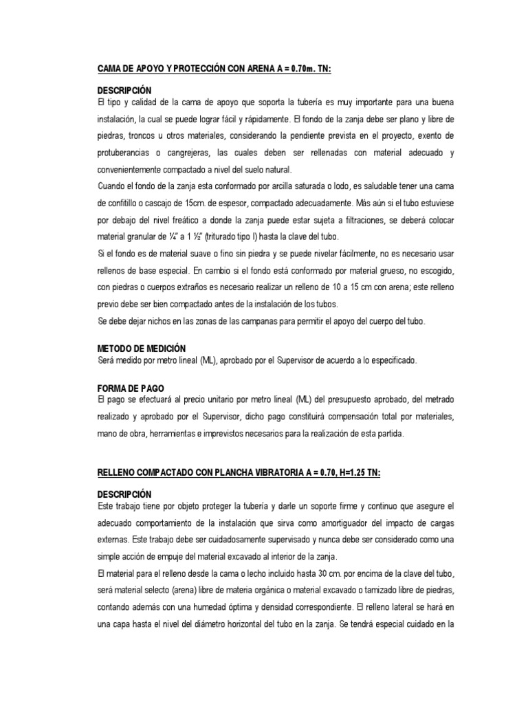 Especificaciones Tecnicas Cama de Arena | PDF | Science | Ingeniería