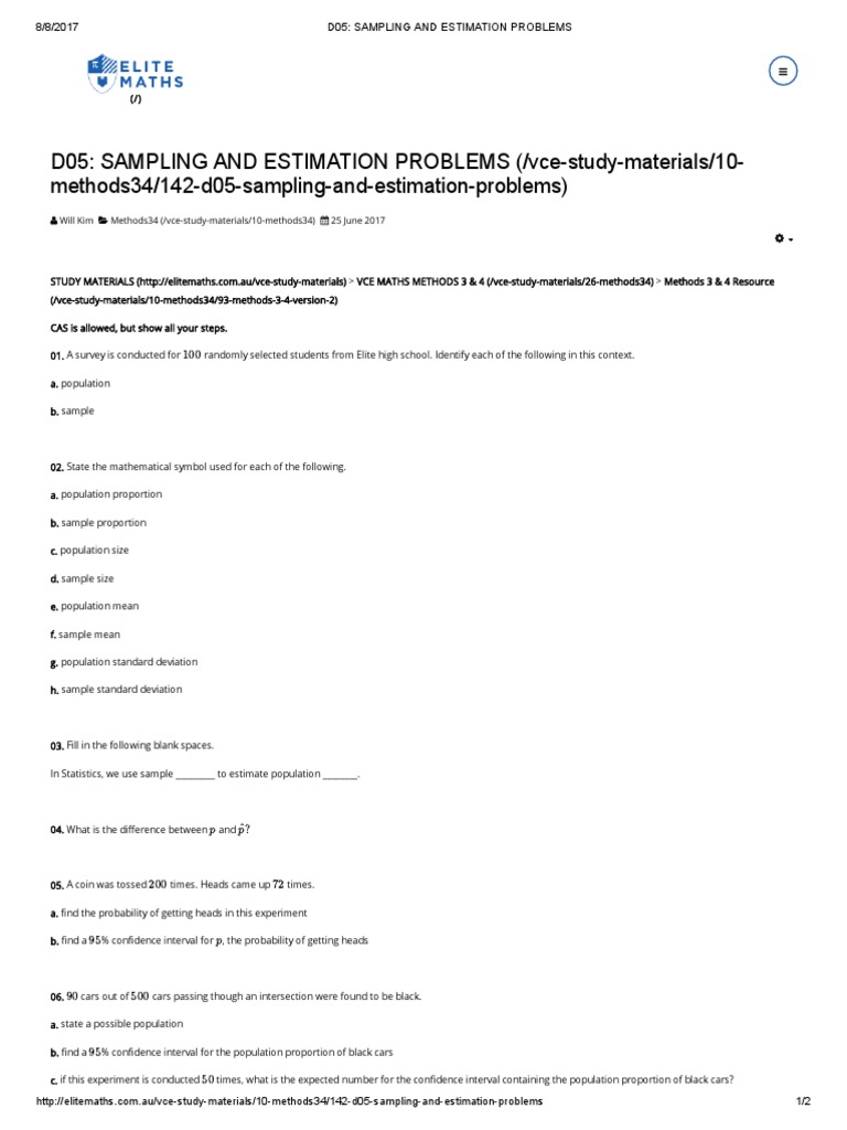 d05 - Sampling and Estimation Problems | PDF | Sampling (Statistics ...