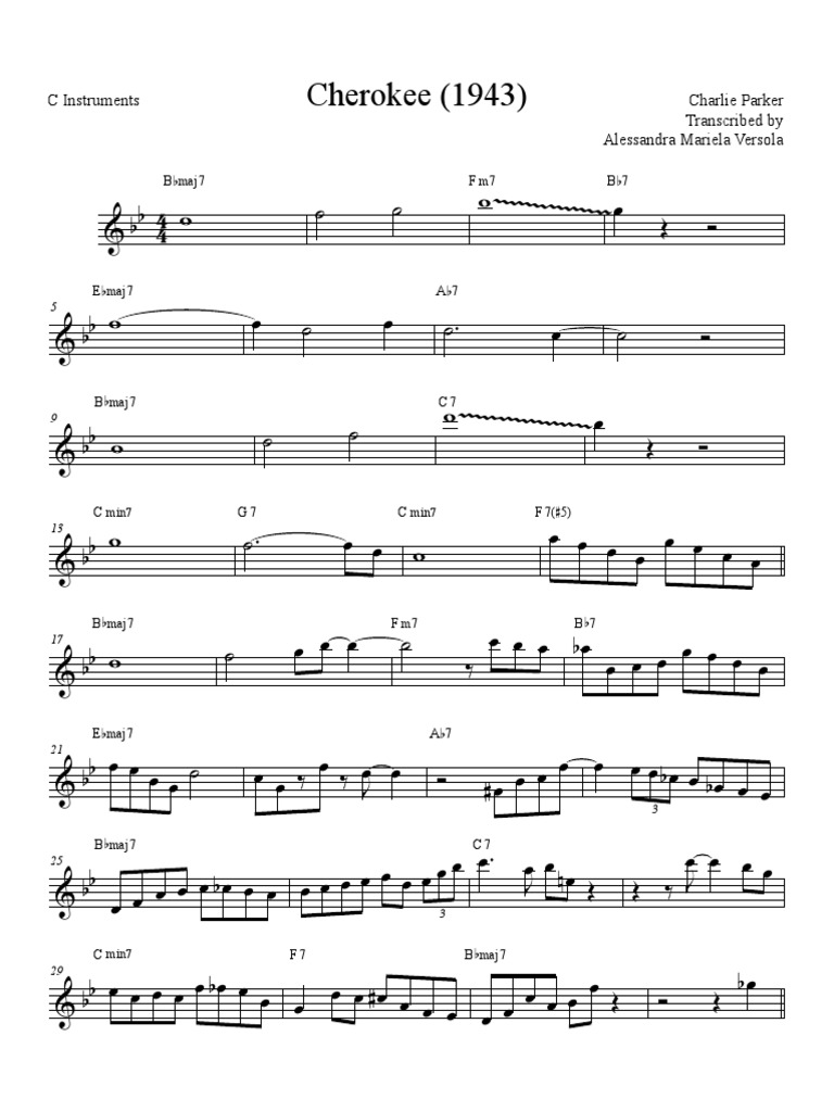 Cherokee (1943) : Charlie Parker Transcribed by Alessandra Mariela ...
