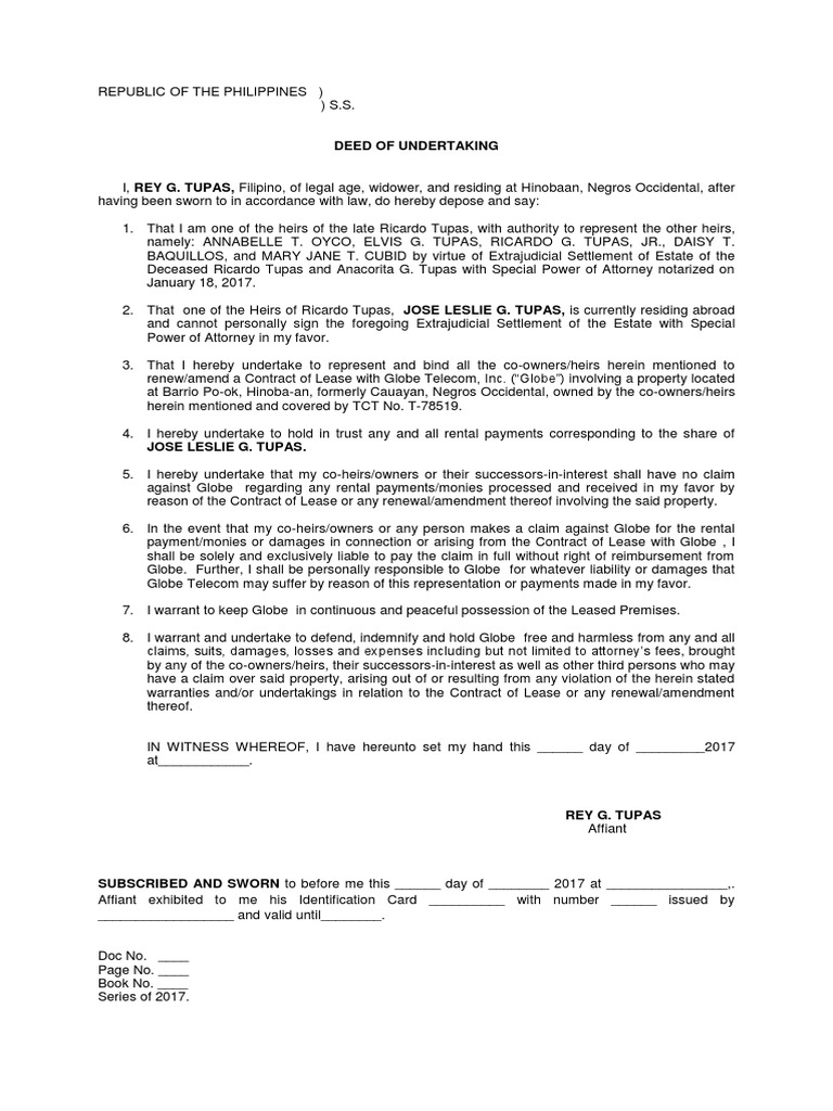 Deed of Undertaking to Represent All Heirs and Hold Globe Telecom ...