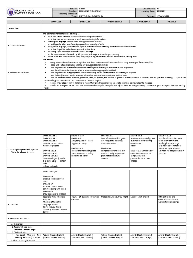 GRADES 1 To 12 Daily Lesson Log Monday Tuesday Wednesday Thursday ...