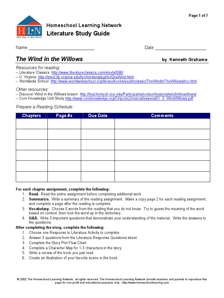 Literature Study Guide: The Wind in The Willows | PDF | Homeschooling ...