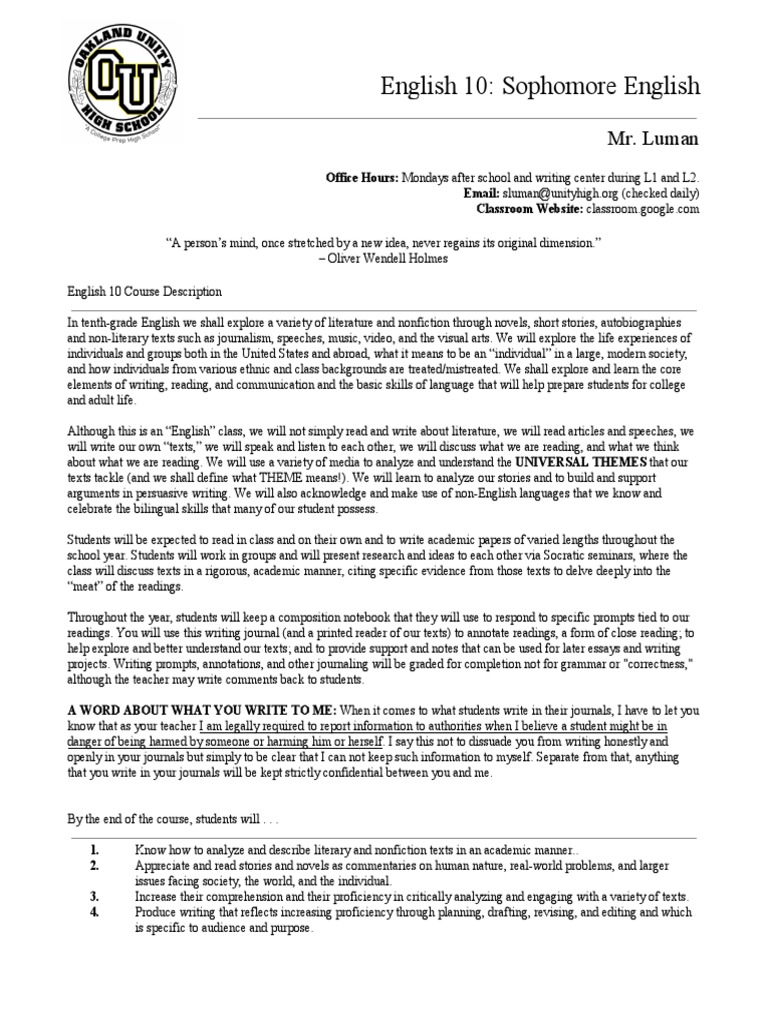 English 10 Syllabus 2017-2018 | PDF | Reading (Process) | Plagiarism