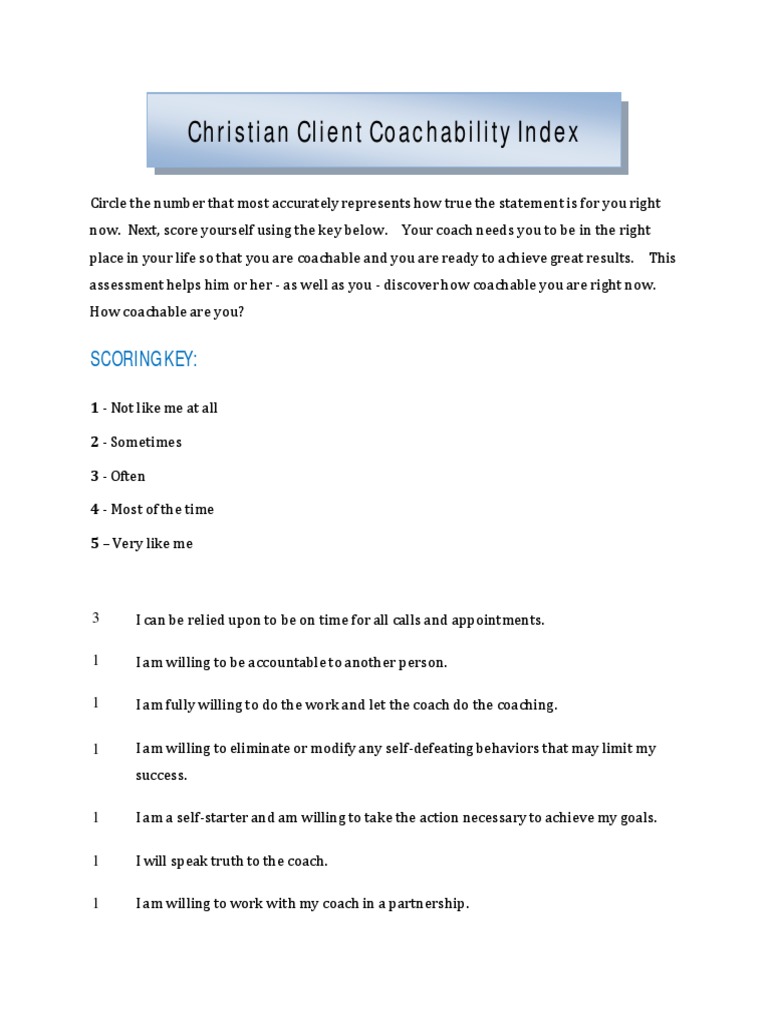 Christian Client Coachability Index: Scoring Key | PDF