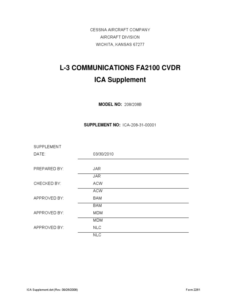L-3 Communications Fa2100 CVDR ICA Supplement: Cessna Aircraft Company ...