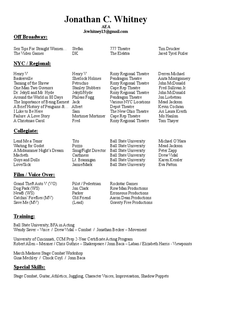 Jonathan C. Whitney Acting Resume | PDF | Leisure