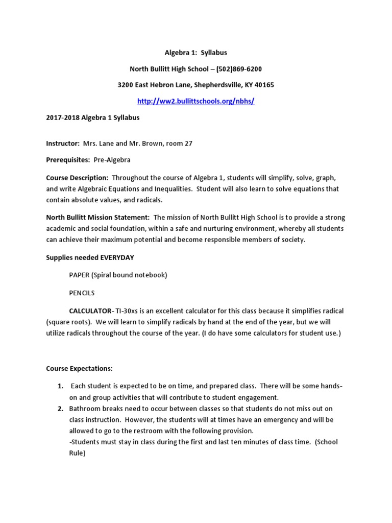 Algebra 1 Syllabus 2017-2018 | PDF | Homework | Teaching