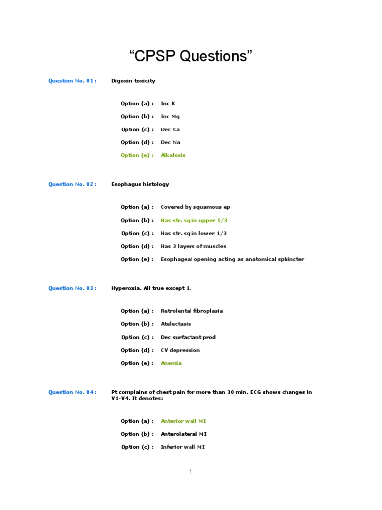 "CPSP Questions": Question No. 01 | PDF | Anemia | Esophagus
