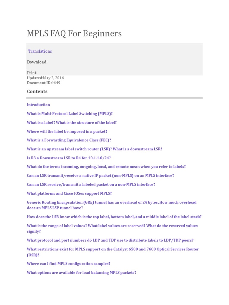 MPLS FAQ For Beginners | PDF | Multiprotocol Label Switching | Networking