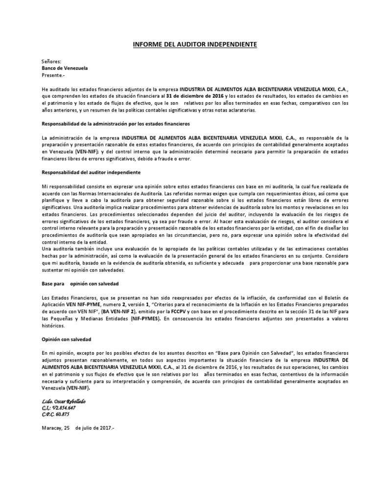 Informe Del Auditor Independiente | Auditoría financiera | Contralor