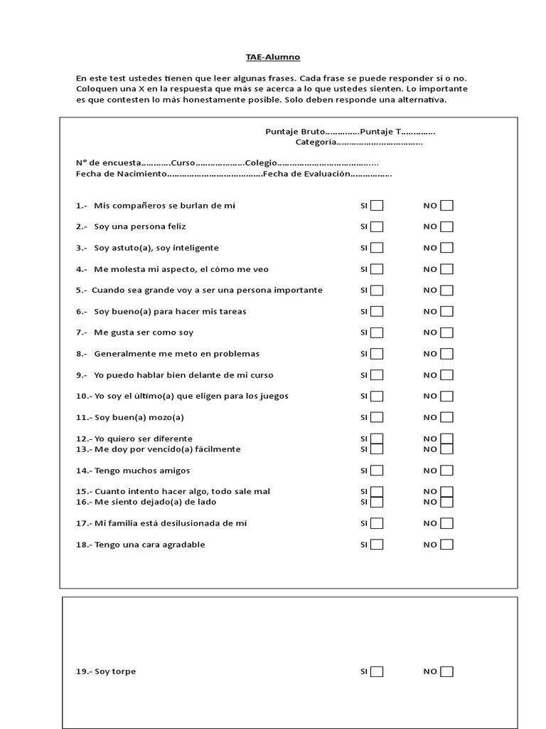 Test de autoestima escolar | Autoestima | Ocio