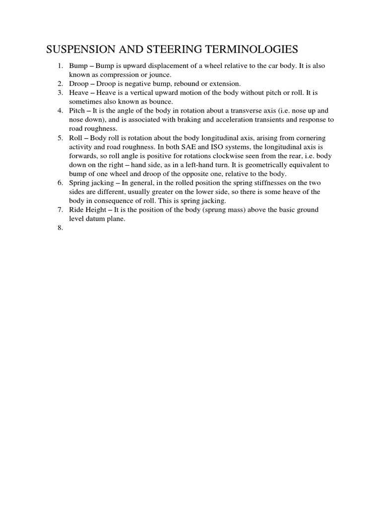 Suspension and Steering Terminologies | PDF
