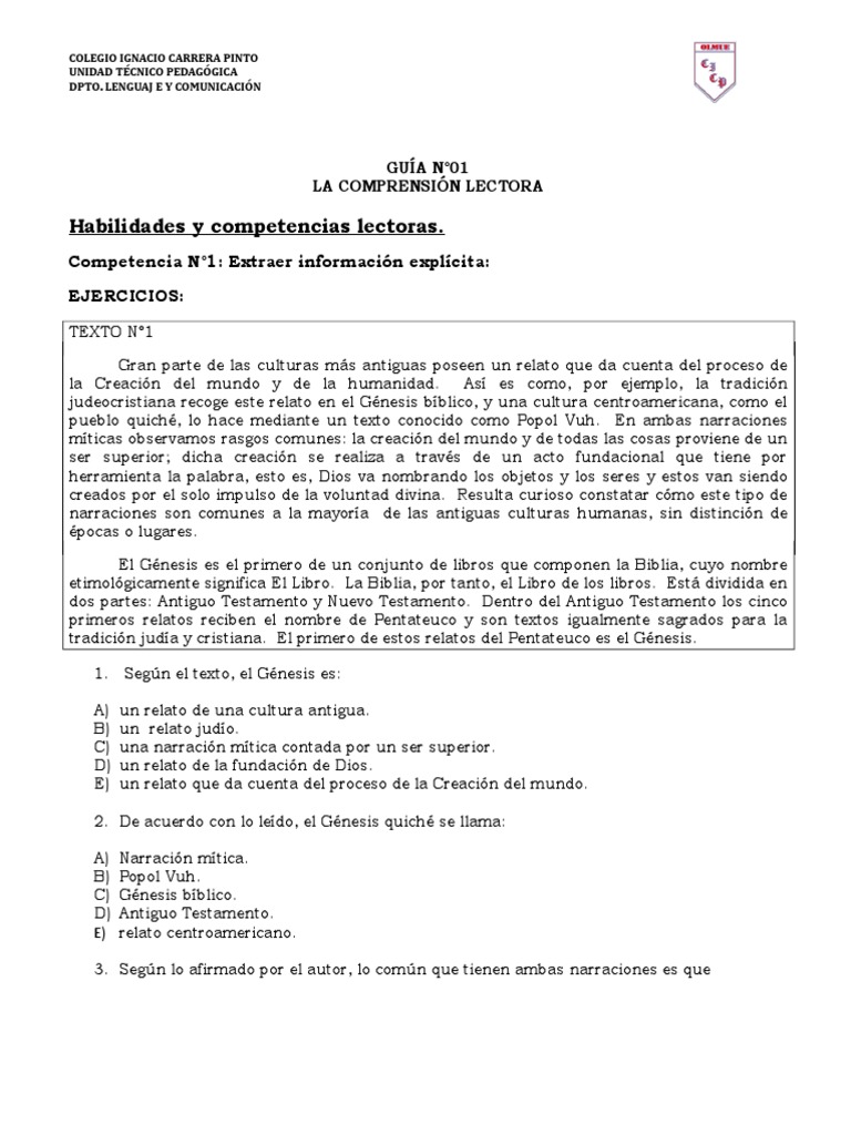 Comprensión Lectora 01 | PDF | Libro del Génesis | Mitos de la creación