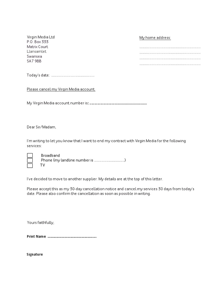 Virgin Media Cancellation Form | PDF