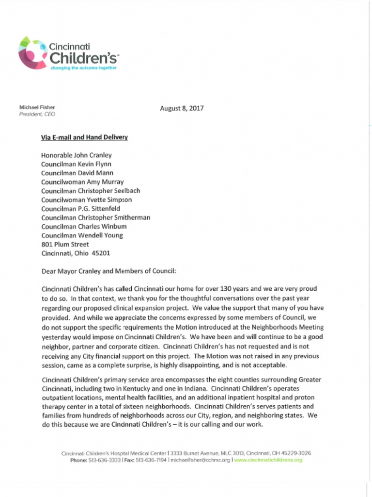 Cincinnati Children's Letter To City Council | PDF