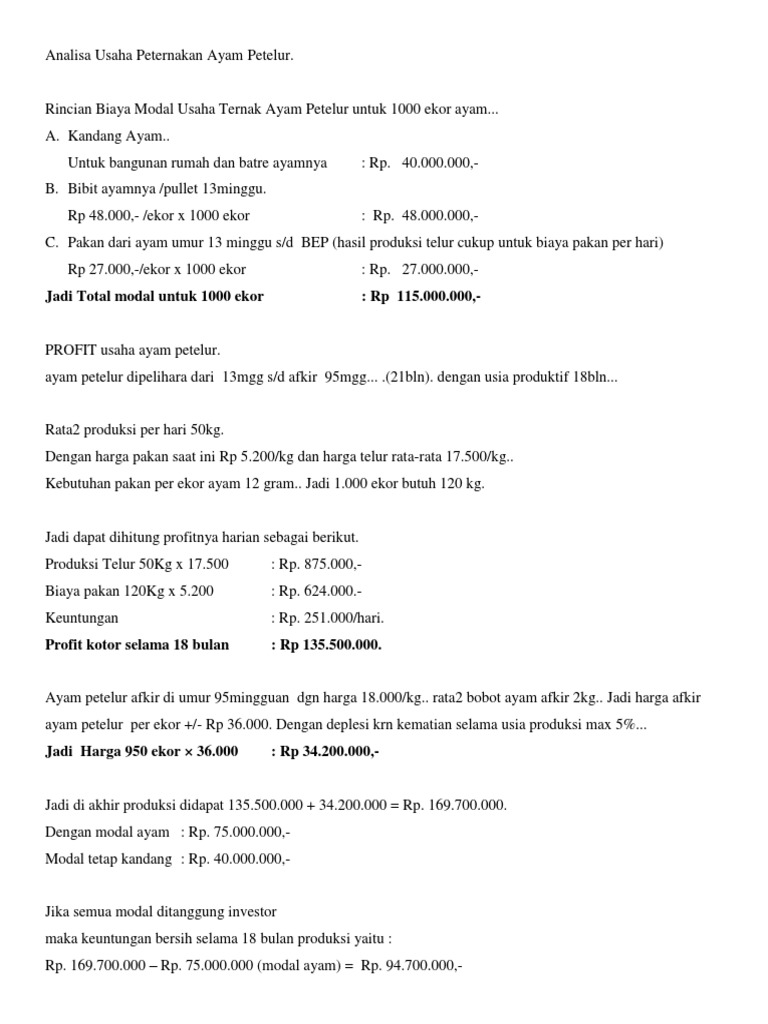 Analisa Usaha Peternakan Ayam Petelur | PDF