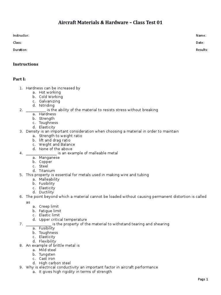 Aircraft Materials Class Test Questions | PDF | Annealing (Metallurgy ...