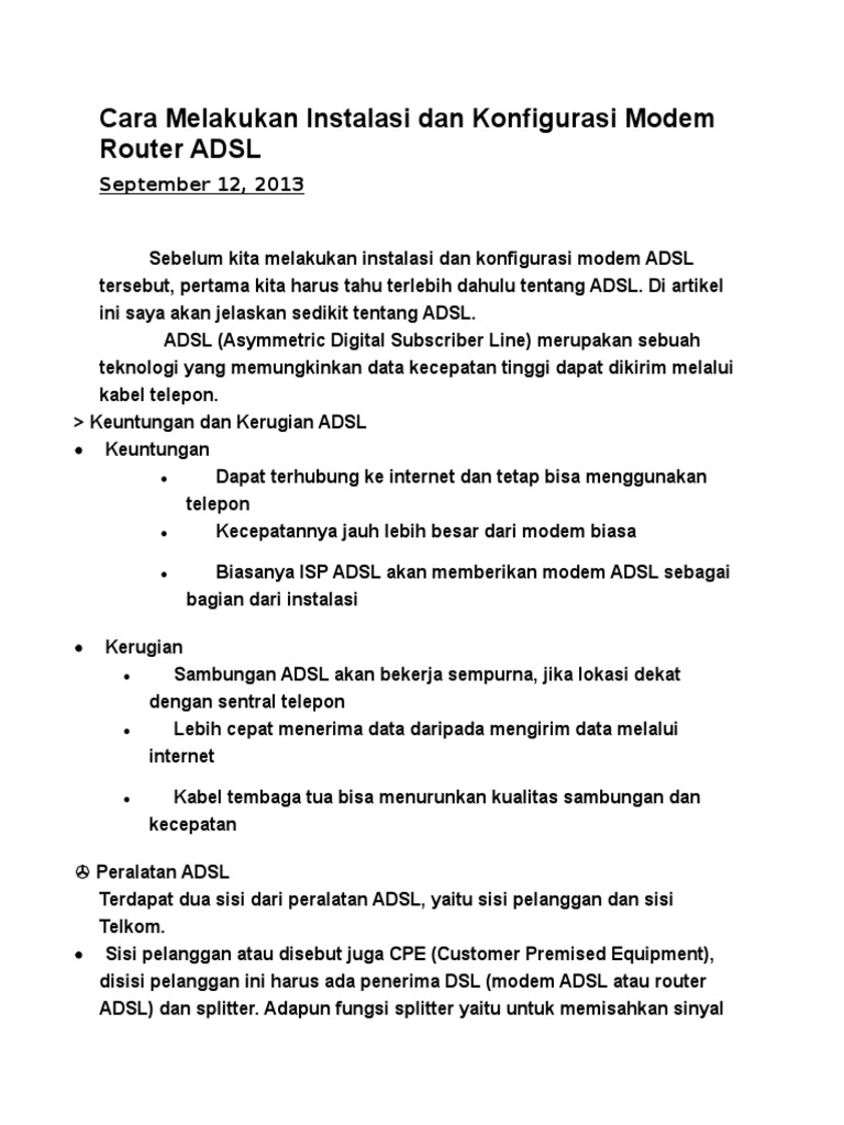 Cara Melakukan Instalasi Dan Konfigurasi Modem Router ADSL | PDF