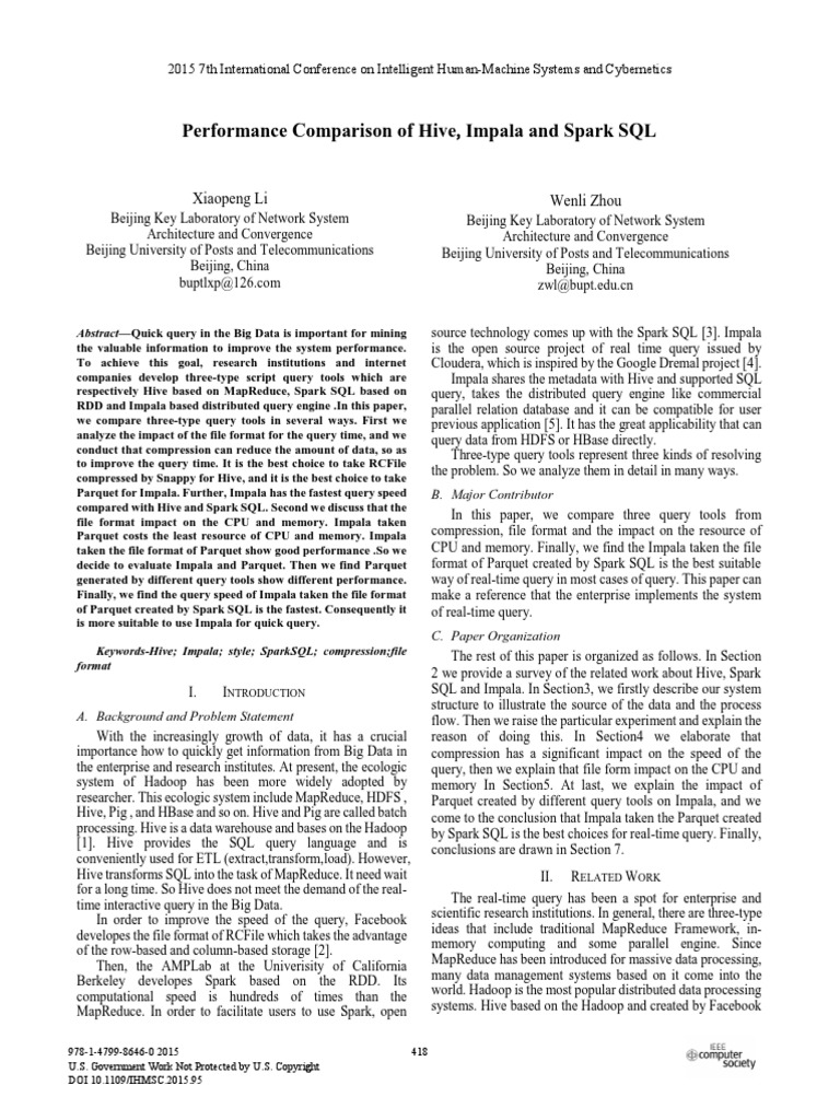Performance Comparison of Hive, Impala and Spark SQL | PDF | Apache Hadoop | Apache Spark