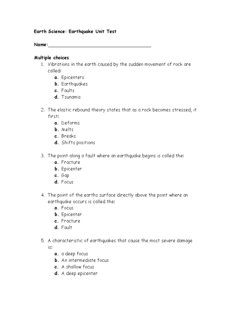 Earth Science Earth Quake Unit Test | PDF | Earthquakes | Continuum ...