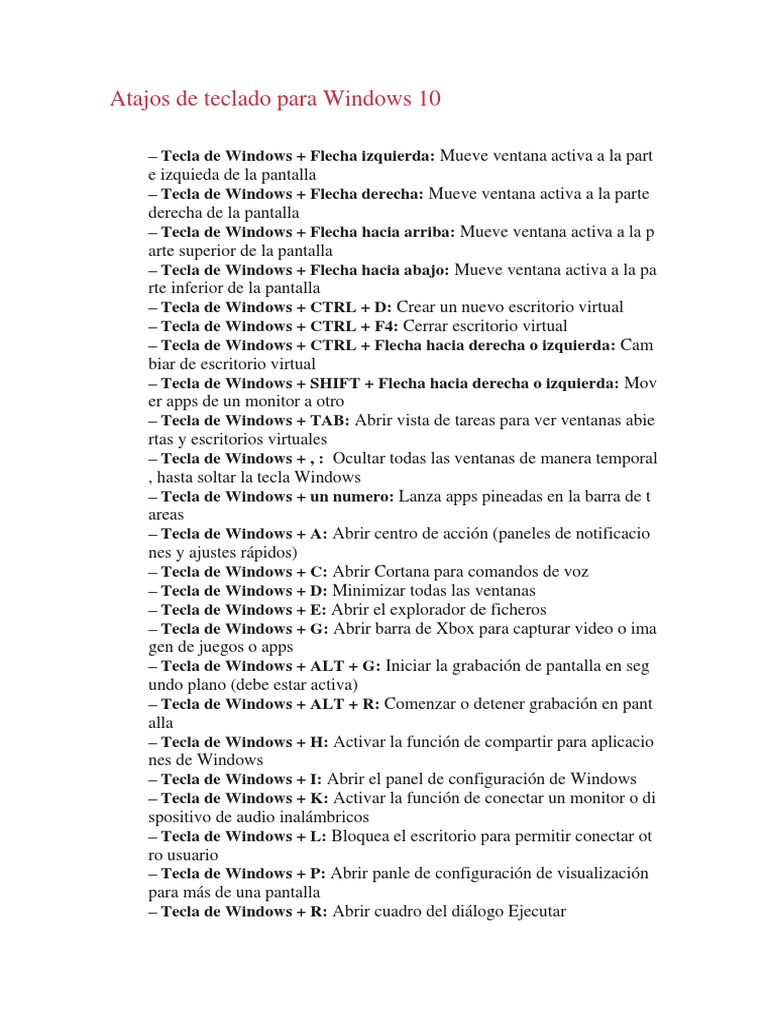 Atajos de Teclado para Windows 10 | PDF | Microsoft Windows | Windows 10
