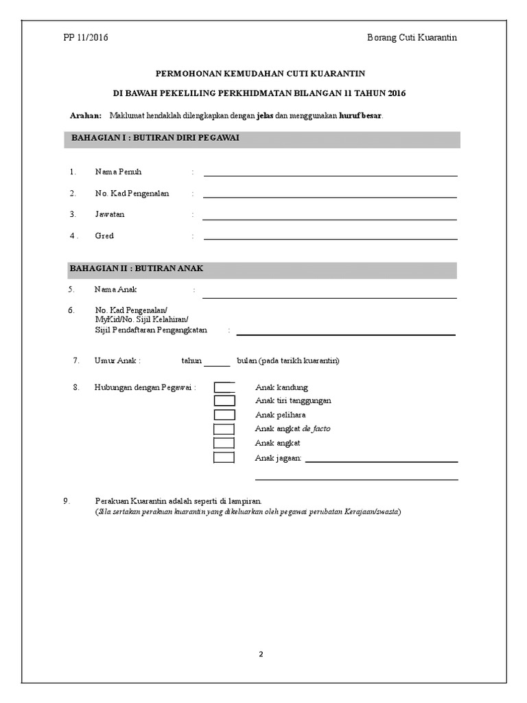 Borang Cuti Kuarantin JPN Perak | PDF