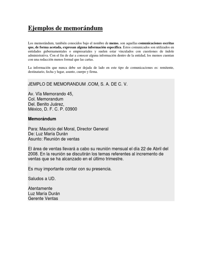 Ejemplos de Memorando | PDF | Ensayos | Feria Mundial