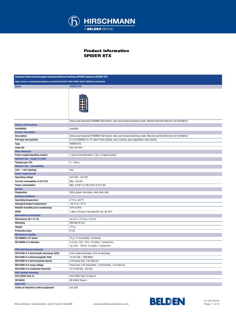 Product Information Spider 8Tx: Industrial Ethernet:Unmanaged ...