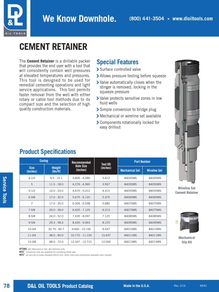 Cement Retainer Specifications & Features | PDF | Mechanical ...