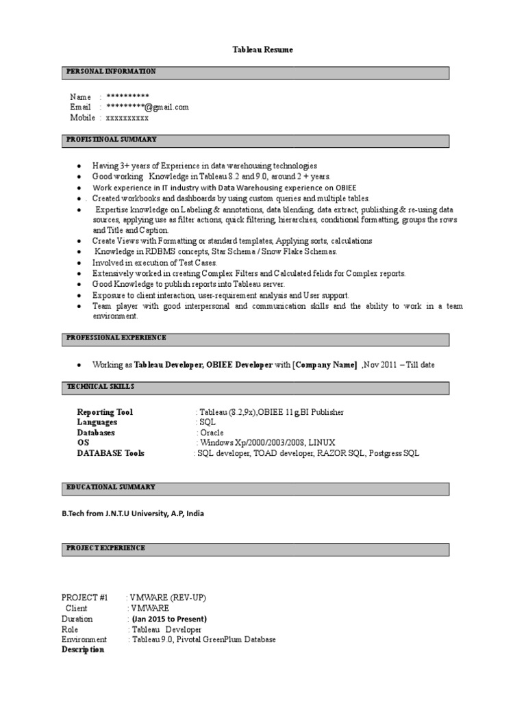 Tableau Developer Resume Sample | PDF | Sql | Databases