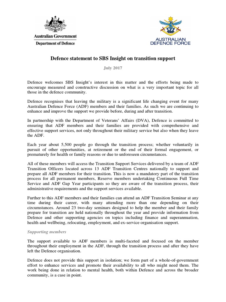 Department of Defence - Transition Support Statement | PDF | Australian ...