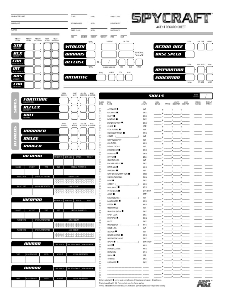 SPYCRAFT RPG Character Sheet | Firearms | Military Science