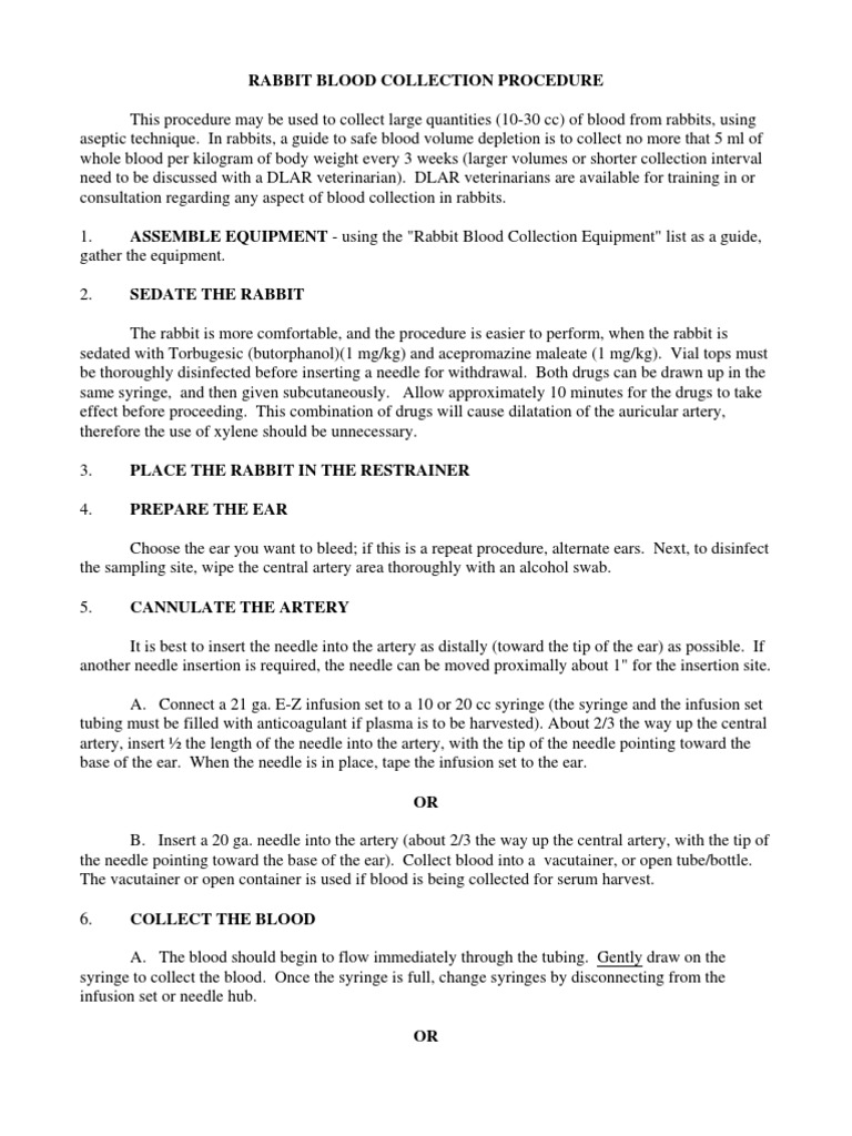 Procedure Rabbit Blood Collection | PDF | Intravenous Therapy | Blood
