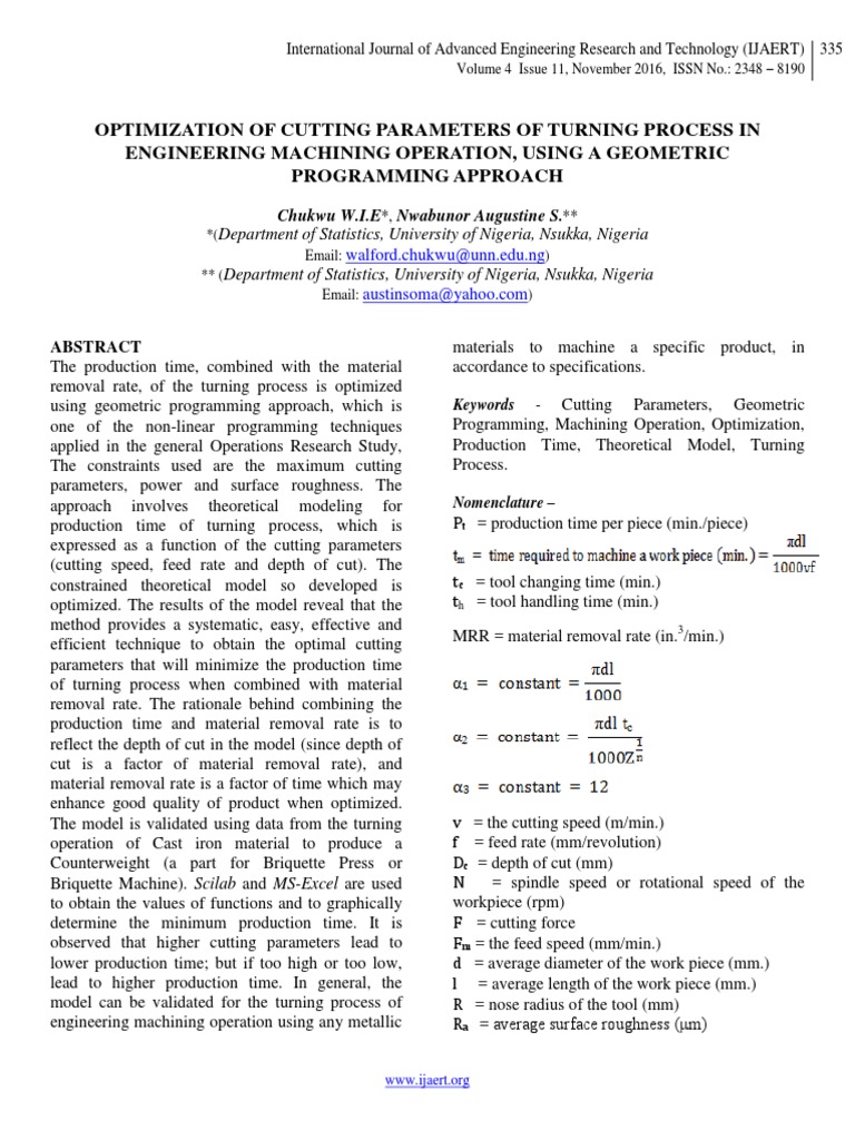 Optimization Of Cutting Parameters Of Turning Process In Engineering