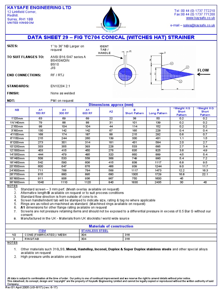Data Sheet 29 - Fig Tc704 Conical (Witches Hat) Strainer | PDF ...