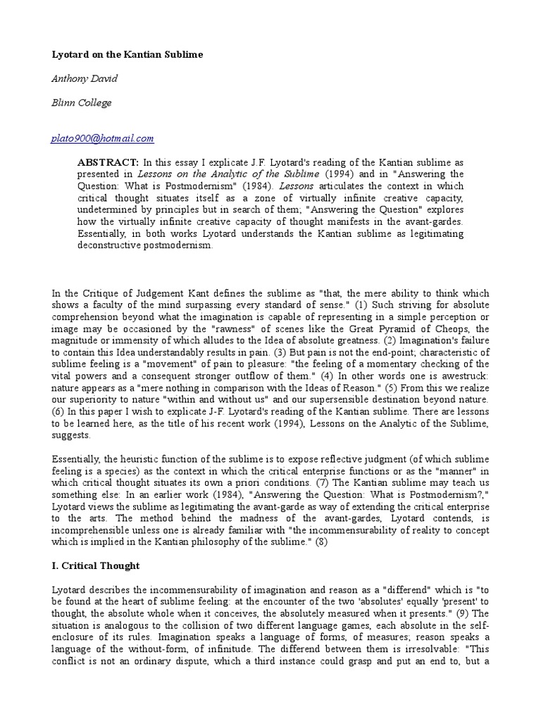 David, Lyotard On The Kantian Sublime | PDF | Jean François Lyotard ...