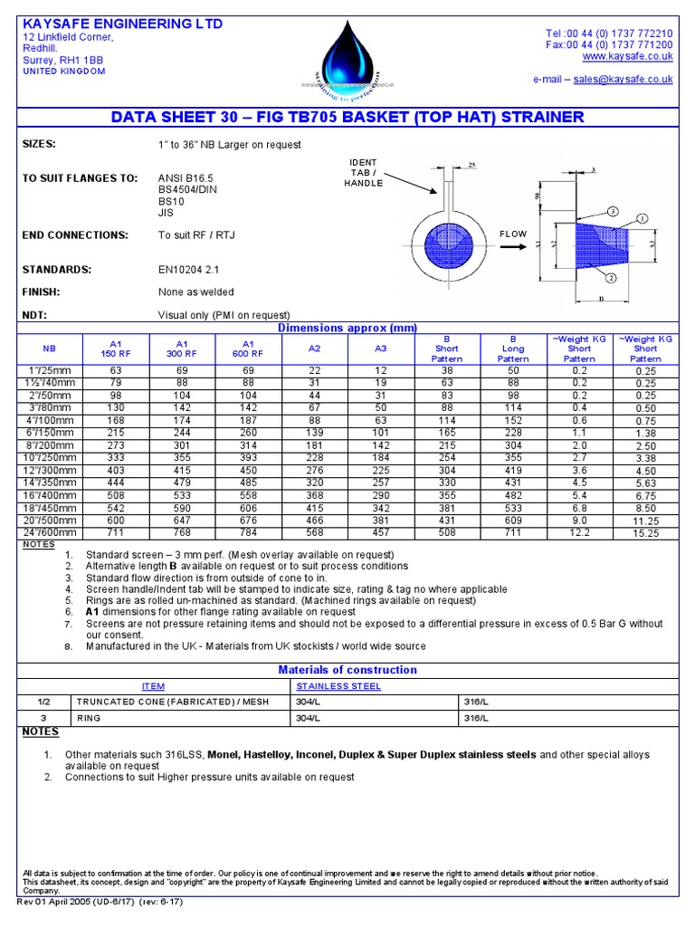 Data Sheet 30 – Fig Tb705 Basket (Top Hat) Strainer | Stainless Steel ...