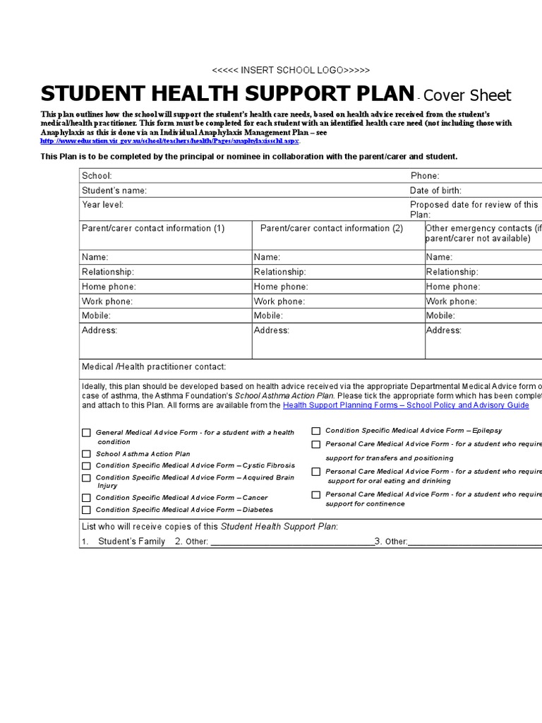 Student Health Support Plan: Cover Sheet | PDF | Caregiver | First Aid