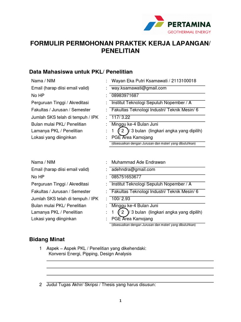 Formulir Permohonan PKL TA PGE 2016 | PDF