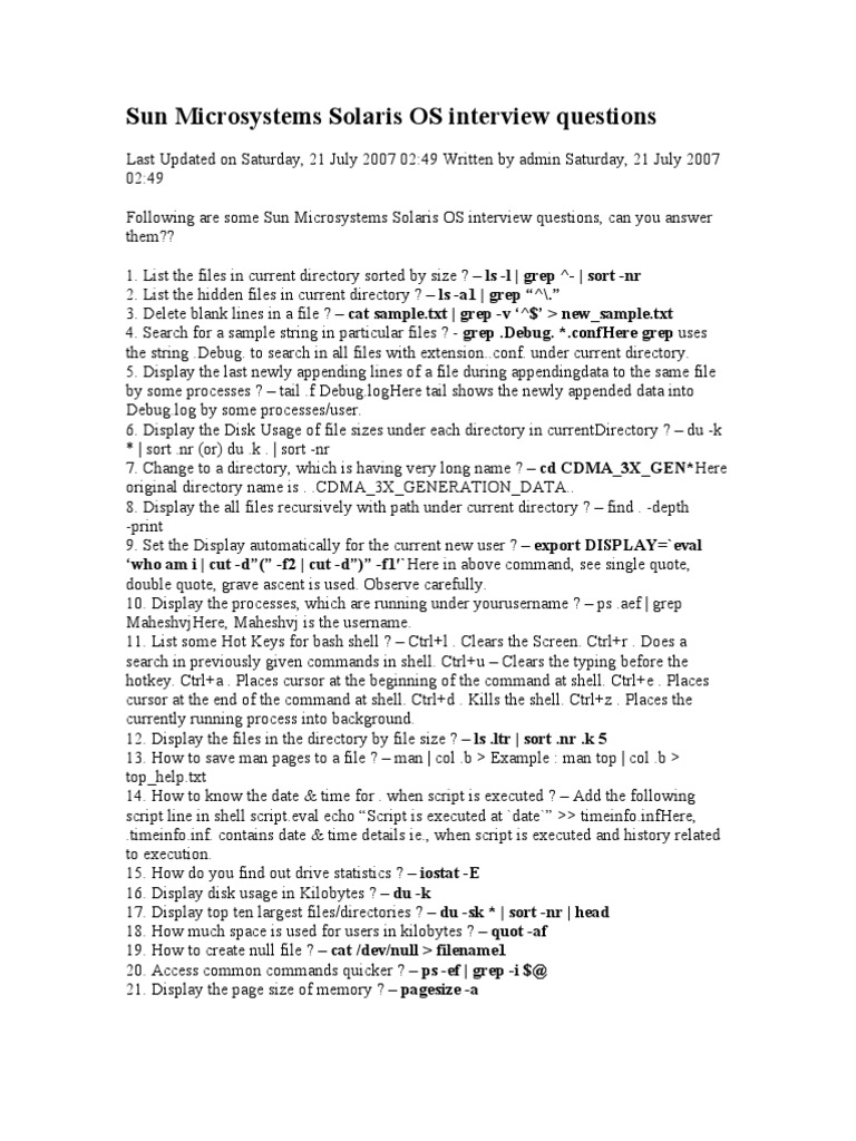 Sun Microsystems Solaris OS Interview Questions | PDF | Shell (Computing) | Computer File