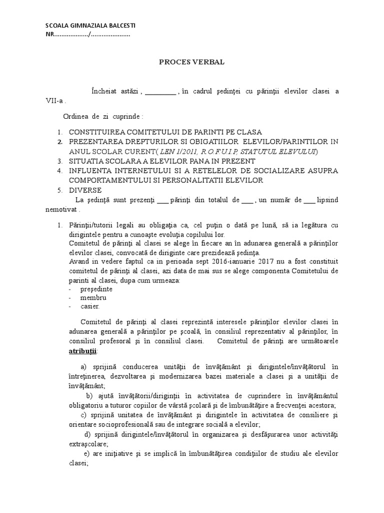 Proces Verbal Sedinta Parinti 04.04.2017 | PDF